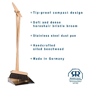 REDECKER Horsehair Broom & Stainless Steel Dust Pan Set - Oiled Beechwood Handles, 35-3/8 Inch - Broom & Dustpan Combo for Home, Kitchen, Outdoor Use - Wooden Broom and Dustpan Set, Made in Germany