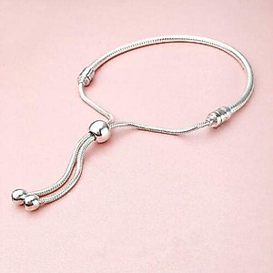 Adjustable European Charm Bracelets 3mm Steel Snake Chain Fits Pandora Beads Pendants & More (Silver Sliding Bracelet)