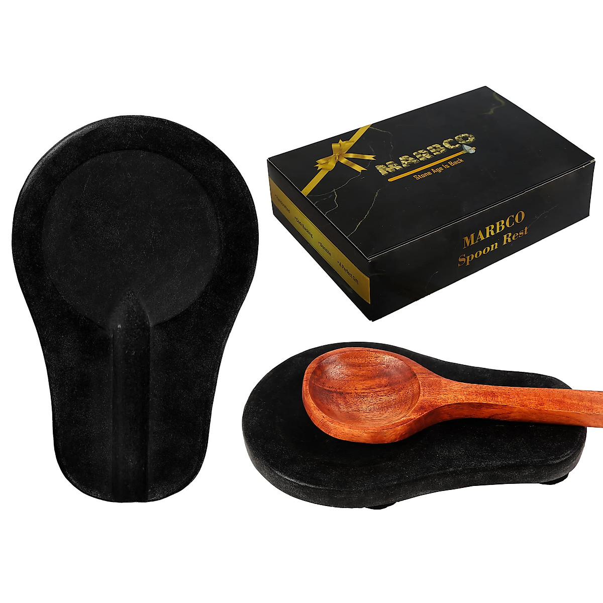 Marbco Marble Spoon Rest, Ladle Holder, Marble Spoon Rest Holder for Stove Kitchen, Heavy Duty, Dishwasher Safe (Design 2, Black)