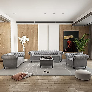 PHOYAL 3 Piece Living Room Set, Chesterfield Velvet Sofa Loveseat Couch Chair with Scroll Arms and Nailhead for Living Room, Office (Grey, 1-2-3)
