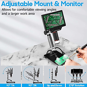 KZYEE 7 inch Digital Microscope Shows Entire Coin, Extension Tube, IPS Screen, 1080P Coin Magnifier with 8 LED Lights, 1200x Soldering Microscope Portable for Adult Kids, IR Remote, Specimens
