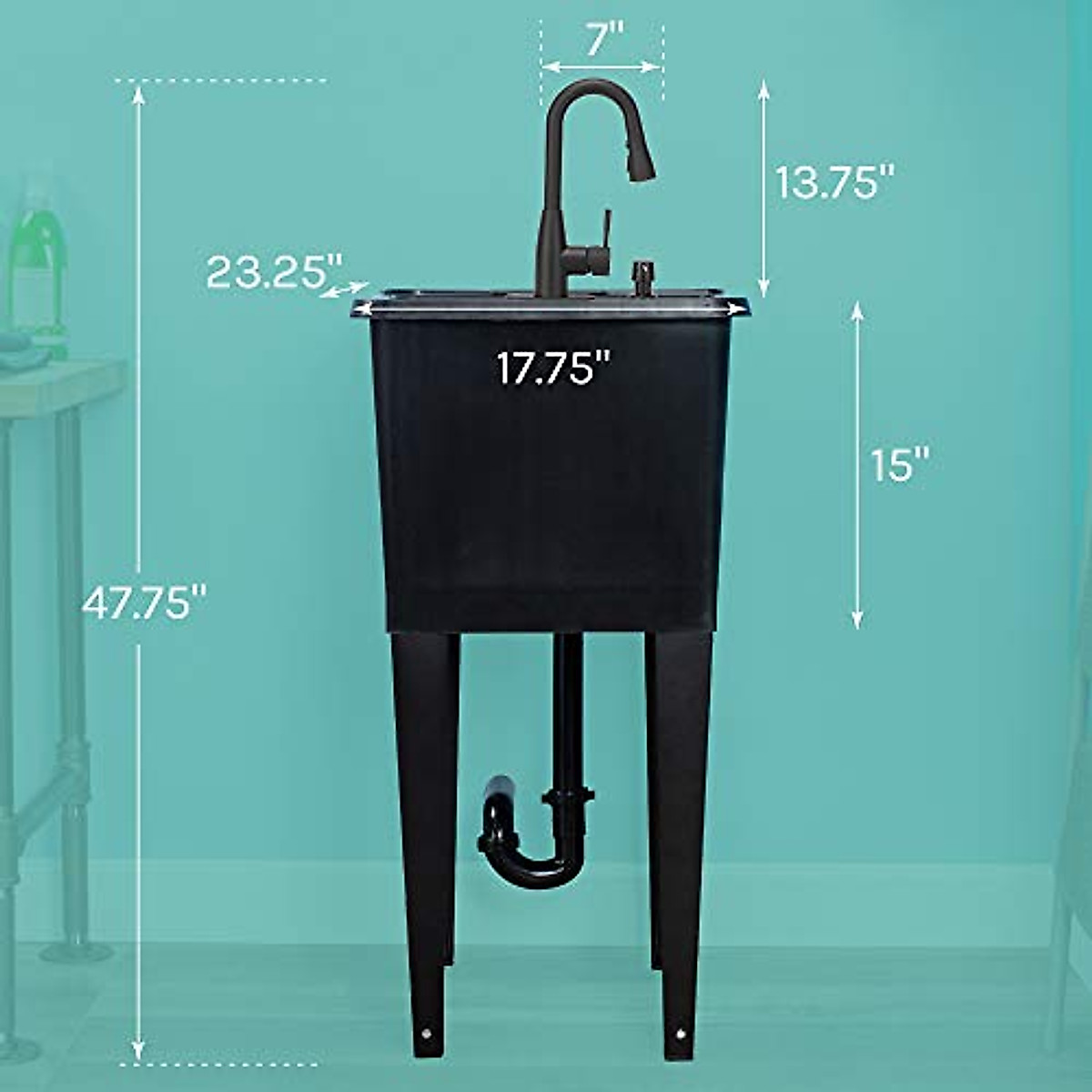 Black Space Saver Utility Sink by JS Jackson Supplies, Freestanding Tehila Space Saving Laundry Tub, Black Pull-Down Faucet, Soap Dispenser