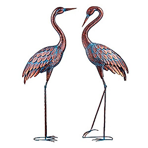 Kircust Garden Crane Statues Patina Heron Decoy, Standing Metal Crane Sculptures Bird Yard Art for Outdoor Decor, Set of 2
