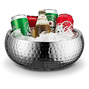 KooK Double-Walled Serving Bowl, Hammered Insulated Stainless Steel, For Hot and Cold Foods, Salads, Soups, Fruit, Large 1.05 Gal Capacity, Silver, 11 Inch