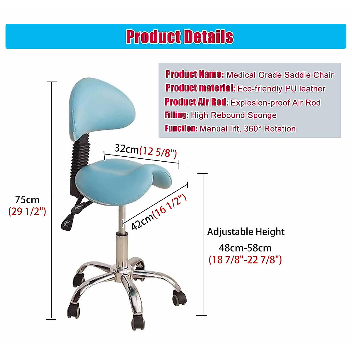 NUNETH Saddle Chair Dental Hygienist, 48-58 Cm Saddle Stool Rolling Chair with Adjustable Back Rest, Ergonomic Medical Salon Chair for Hospital (Color : Blue)