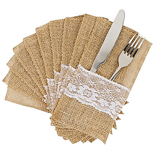 OurWarm 4 x 8 Inch Natural Burlap Lace Utensil Cutlery Holders Pouch Bags 50 Pack Knifes Forks Napkin Silverware Holder Bag for Rustic Wedding Party Bridal Shower Decorations