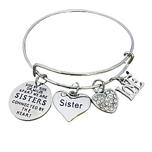 Infinity Collection Sister Charm Bangle Bracelet for Women- Side By Side or Miles Apart, We are Sisters Connected By the Heart Jewelry, Gift for Sisters