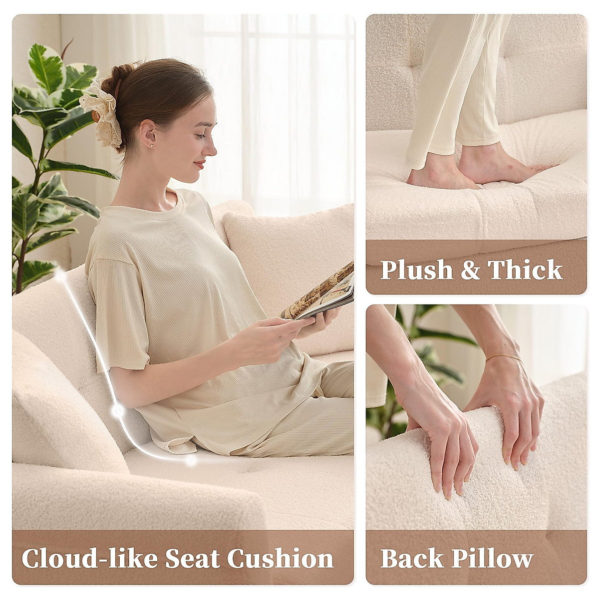 Kingfun Loveseat Sofa, White Love Seat Couches with Throw Pillow, Boucle Small Sofa for Living Room, Bedroom, Office, Button Tufted Upholstered Furniture, Easy to Install