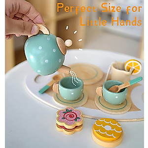 Wooden Tea Party Set for Little Girls Toys, Pretend Play Kids Tea Set for Toddlers Wood Toys, Wooden Play Food Kitchen Accessories Sets for Kid