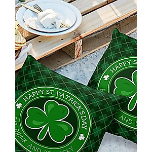 Outdoor Pillow Covers Waterproof, Round Green Lucky Clover Throw Pillowcase Decorative Cover, Saint Patrick Checker Backdrop Garden Cushion Case Set of 2 for Sofa, Couch, Tent, Patio 18"x18"