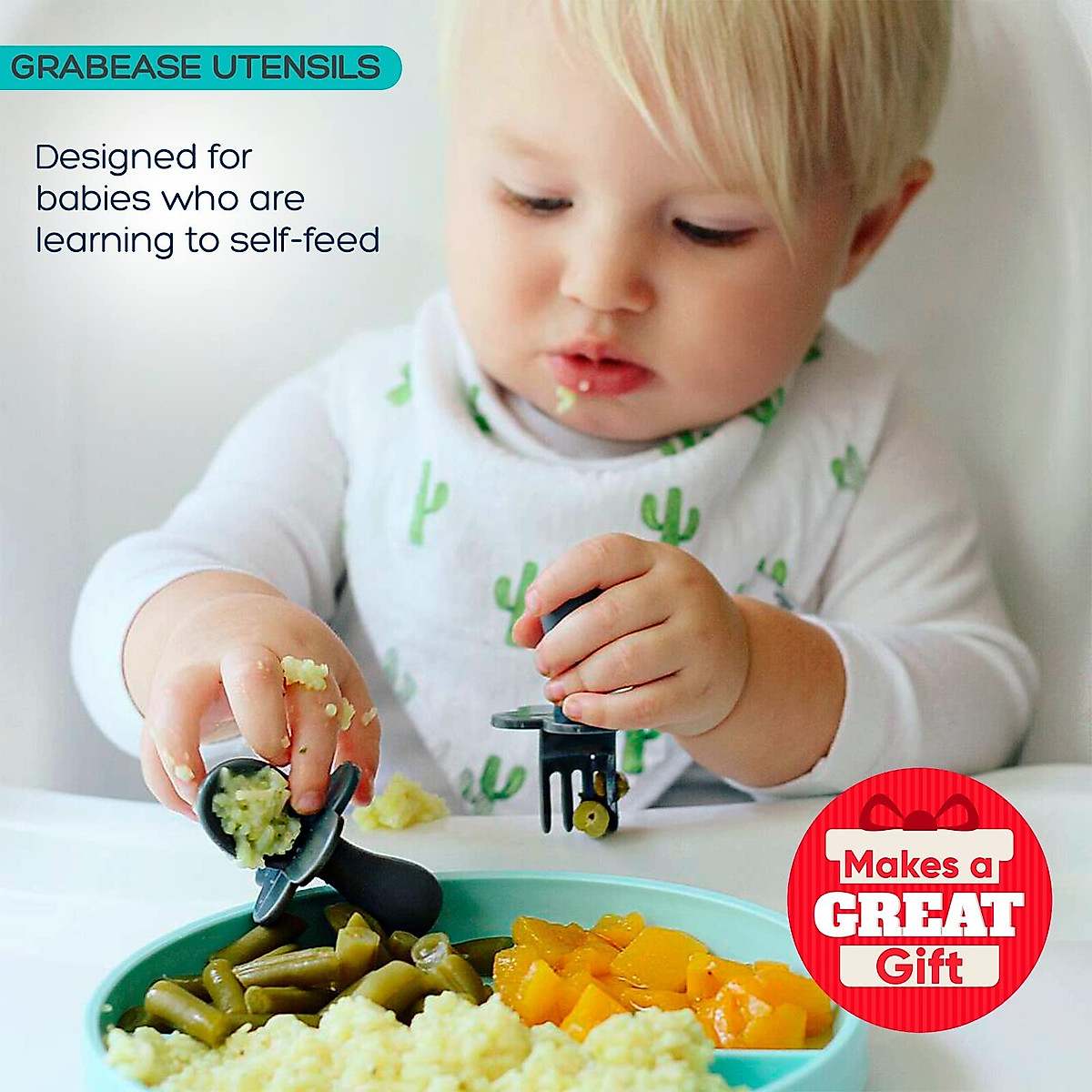 GRABEASE Bundle of 2 First Self Feed Baby Utensils with a Togo Pouch - Anti-Choke, BPA-Free Baby Spoon and Fork Toddler Utensils for Led Weaning Ages 6 Months+ Lavender and Blush