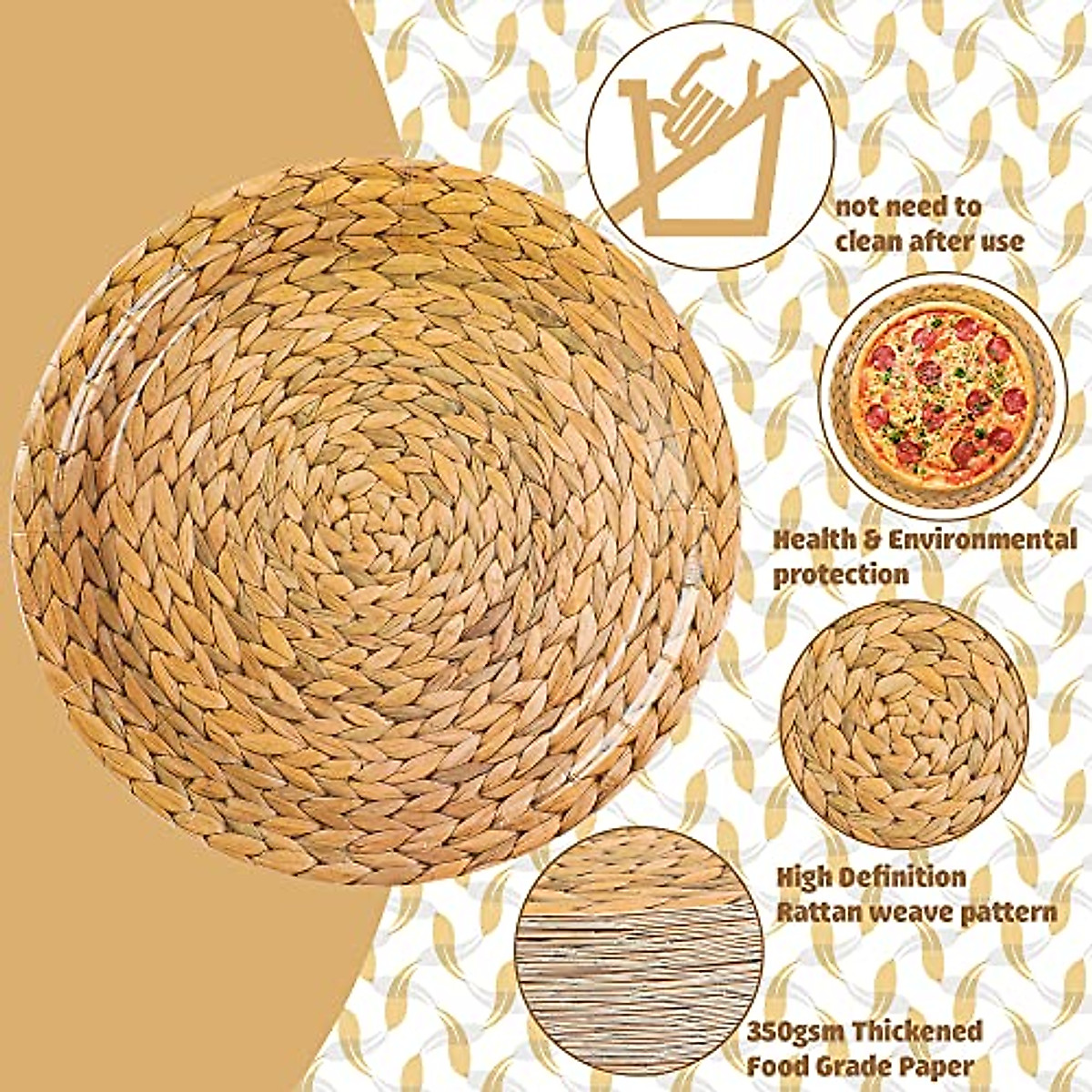 peony man 50 Pack Woven Paper Plates Rattan Printed Disposable Plates Farmhouse Party Dinner Plates Rustic Round Paper Plate 9 Inch for Picnic Dining Wedding Kitchen Home Table Decor