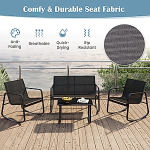 Tangkula 4 Piece Patio Rocking Set, 2 Rocking Chairs & Loveseat with Glass-Top Table, Patio Furniture Set with Smooth Rocking Motion, Outdoor Rocker Chair Conversation Set for Porch, Yard (1, Black)
