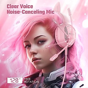 Pink Gaming Headset Noise-Canceling Mic with Stereo Surround，Wired Over-Ear Headphones with Retractable and Flexible Mic&Memory Foam Ear Pads,Removable Cat Ears，for Xbox Series, PS5, PS4, PC, Mobile.