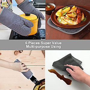KEGOUU Oven Mitts and Pot Holders 6pcs Set, Kitchen Oven Glove High Heat Resistant 500 Degree Extra Long Oven Mitts and Potholder with Non-Slip Silicone Surface for Cooking (Grey)