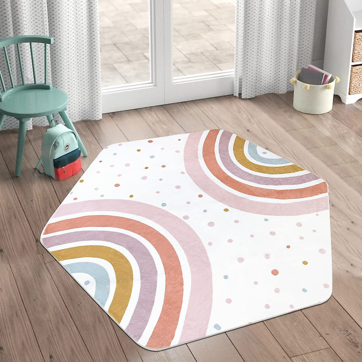 STARUIA Rainbow Kids Rug Play Carpet 55"x47" for Bedroom, Hexagon Washable Rug for Playroom Tent Castle, Non-Slip Nursery Rug Soft Play Mat for Children Playpen Classroom Dorm