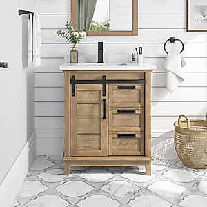OVE Decors 30 in. Single Undermount Sink Bathroom Barn Door Vanity with Cloudy Cultured Marble Countertop, White Finish and Black Hardware