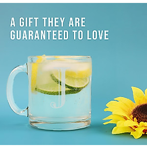 Spotted Dog Company Etched Monogram 12oz Clear Glass Coffee Mug (Letter J), A-Z Customized Coffee Gifts for Coffee Lovers, Custom Engraved Gifts for Women Her, Personalized Gift for Men, Initial