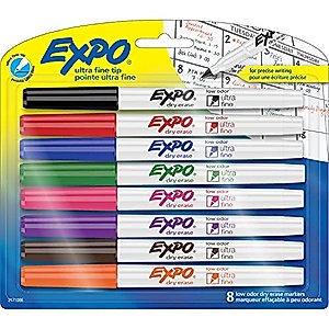 EXPO Low Odor Dry Erase Markers, Ultra-Fine Tip, Assorted Colors, 8 Pack