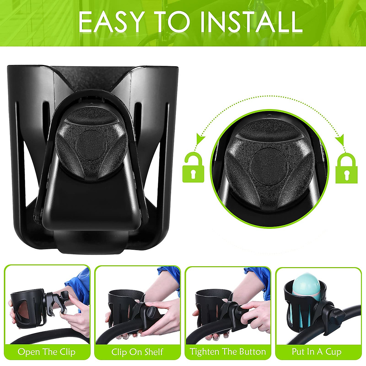 3 Pack Universal Cup Holder for Stroller, Large Caliber Designed Cup Holders Adjustable Bike Boat Cup Holder 360 Degrees Rotation Drink Cup Holder for Stroller, Wheelchair, Walker, Trolley, Black