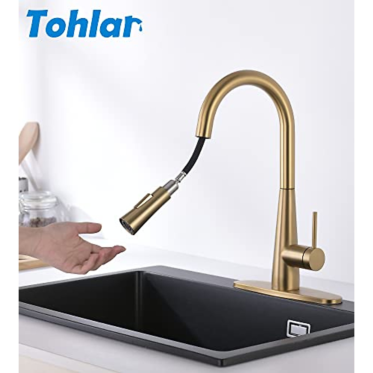 Tohlar Gold Kitchen Faucet, Kitchen Faucets with Pull Down Sprayer, Stainless Steel Single Handle Kitchen Faucet Fit for 1 or 3 Holes Kitchen Sink Faucet Gold Faucet for Kitchen Brushed Gold