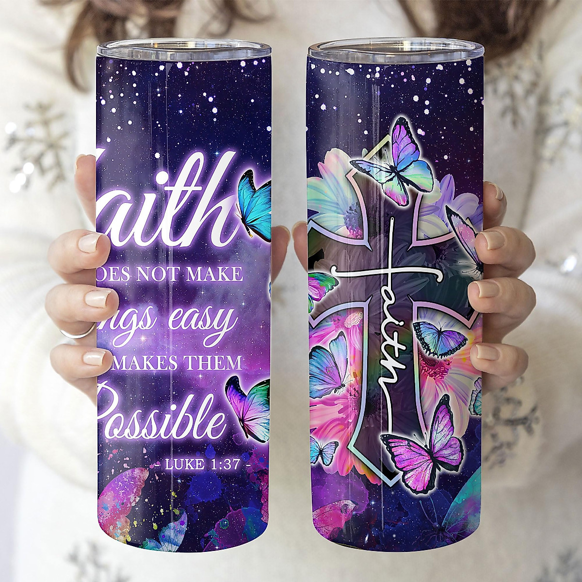 CERMELUS Butterfly Faith Cross 20oz Skinny Tumbler, Stainless Steel Double Wall Insulated Cup With Lid And Straw Multi, Bible Verse Christian Tumbler, Gifts for Women, Men, Mom, Daughter, Friends