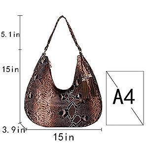 CLARA Snakeskin Hobo Handbag PU Leather Top Handle Bag Tassel Shoulder Bag Satchel Travel Tote Purse Brown