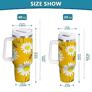 RPLIFE White Daisies Bees Warm Yellow 40 Oz Tumbler with Handle and Straw, Stainless Steel Tumbler with Straw, Coffee Tumbler