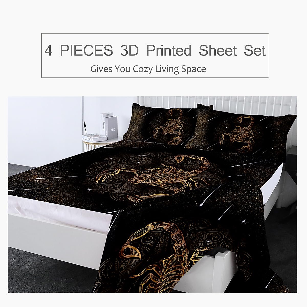 Sleepwish Gold Scorpion Design Sheet Set Full Size Meteors Shower Pattern Bedding Set Abstract Insect Pattern Bedding Sheets & Pillowcases 4 Piece 1 Fitted Sheet, 1 Flat Sheet and 2 Pillowcases