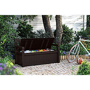 Keter Solana 70 Gallon Storage Bench Deck Box for Patio Furniture, Front Porch Decor and Outdoor Seating – Perfect to Store Garden Tools and Pool Toys, Brown