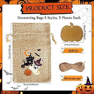 HUAERLE 25 Packs Halloween Burlap Bags, Halloween Burlap Gift Bags with Pumpkin Cards, Halloween Linen Jute Bag, 4''x6'' Drawstring Gift Bag, Trick or Treat Drawstring Bags for Halloween Party Favor