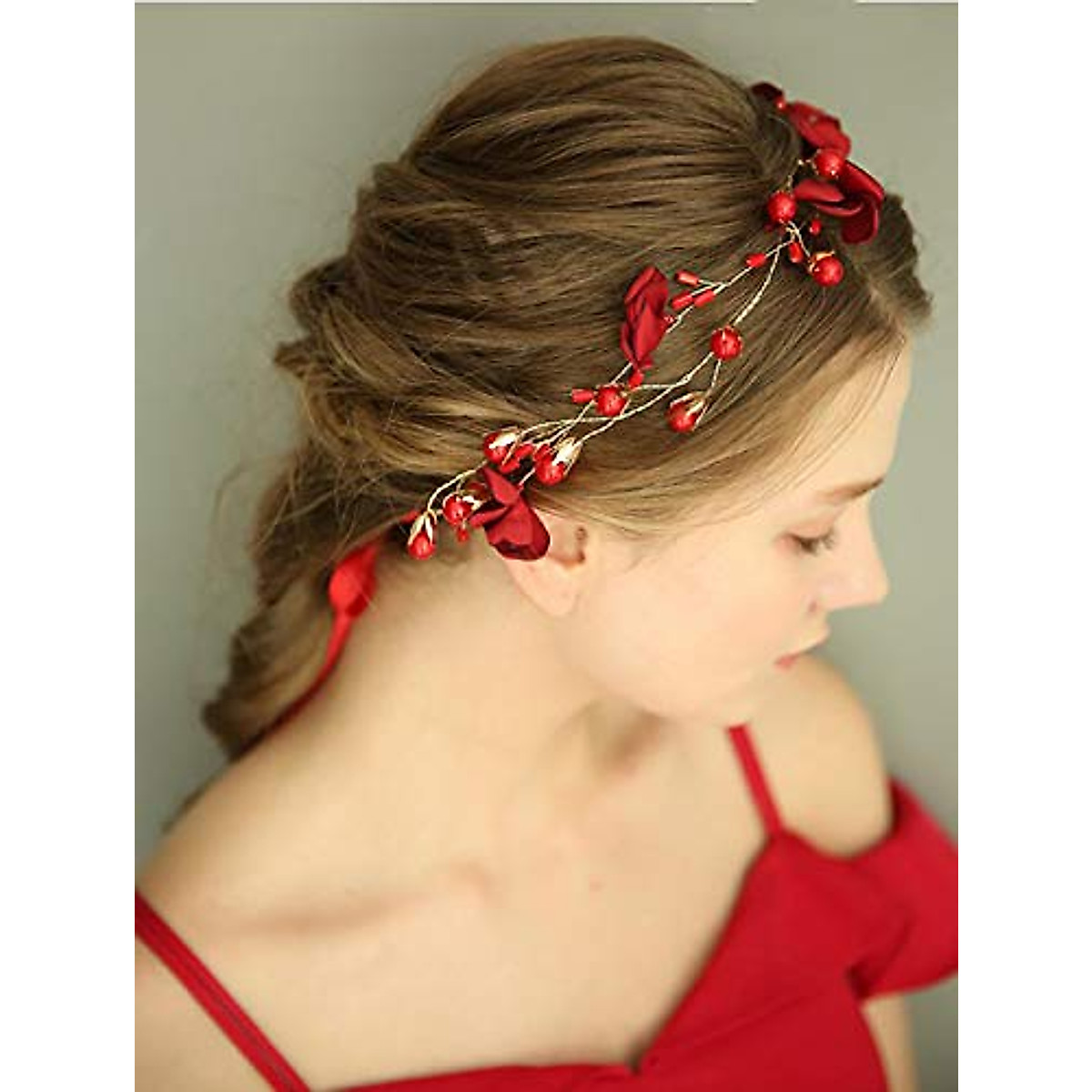 Chargances Wedding Bride Floral Red Headband Crystal Gold Hair Vine with Pearl Rhinestone Hair Accessory Boho Delicate Hair Piece Jewelry for Women and Girls
