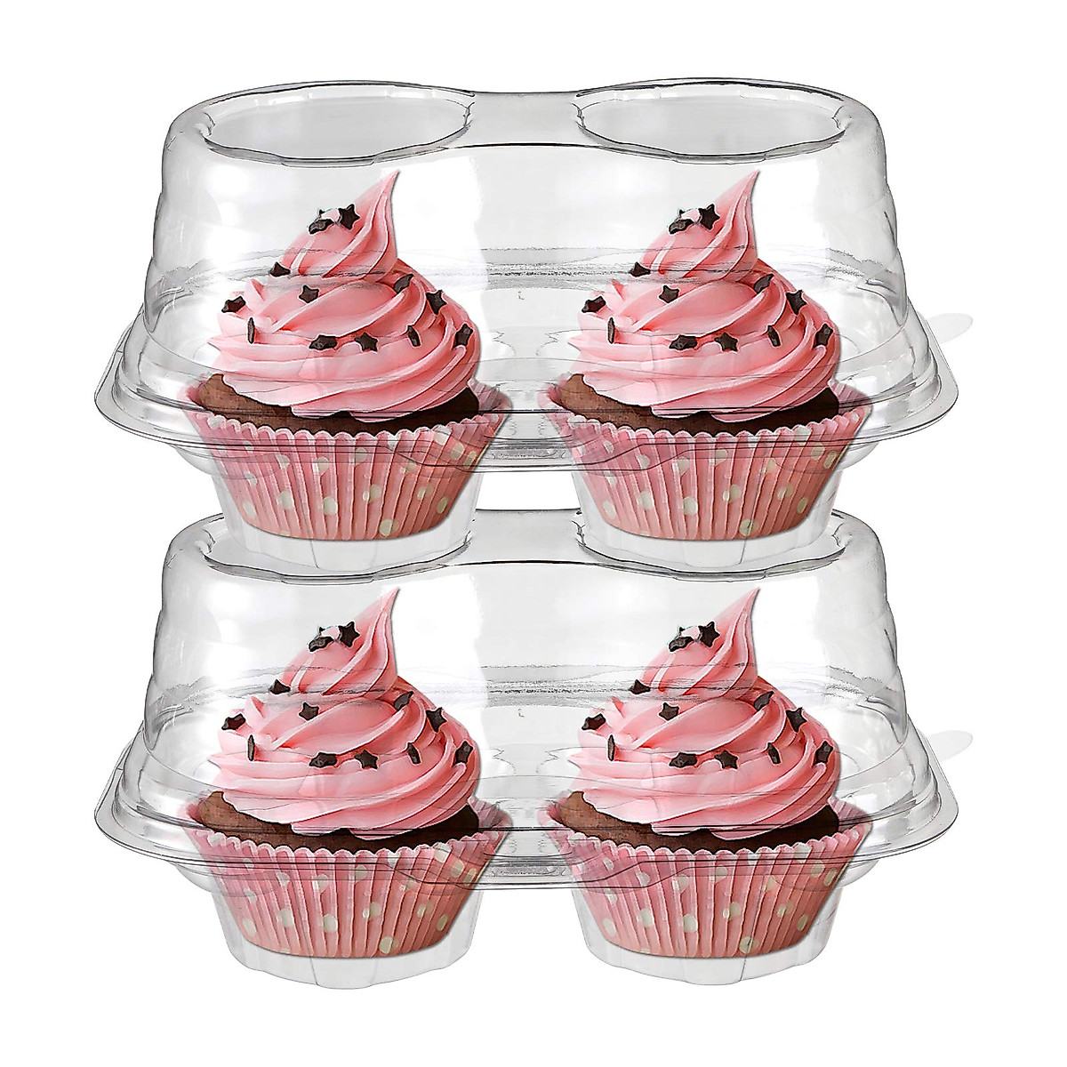 Bekith 60 Count 2-Compartment Plastic Cupcake Containers Disposable with Connected Airtight Lid, Clear Stackable Deep Dome Cupcake Carrier Holder Box for Cupcakes, Muffins, BPA Free