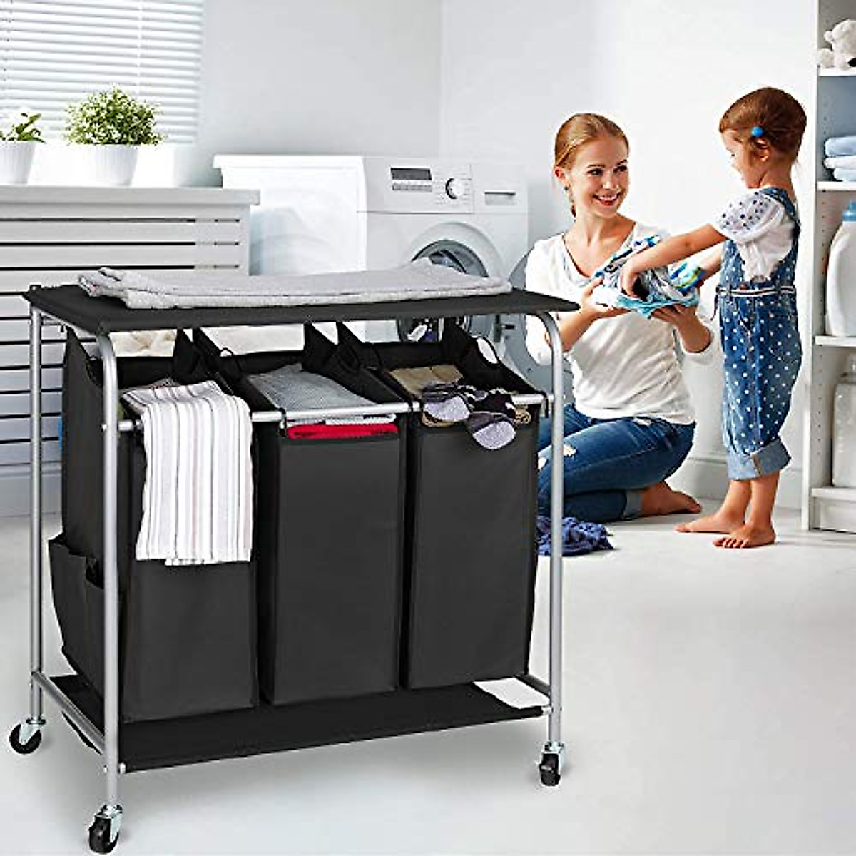 JINAMART 3 Section Laundry Sorter with Ironing board, Rolling Laundry Hamper cart, Removable Bag Sorter Basket with 4 side pockets, Laundry Organization Bins for Bedroom & Bathroom (Black)