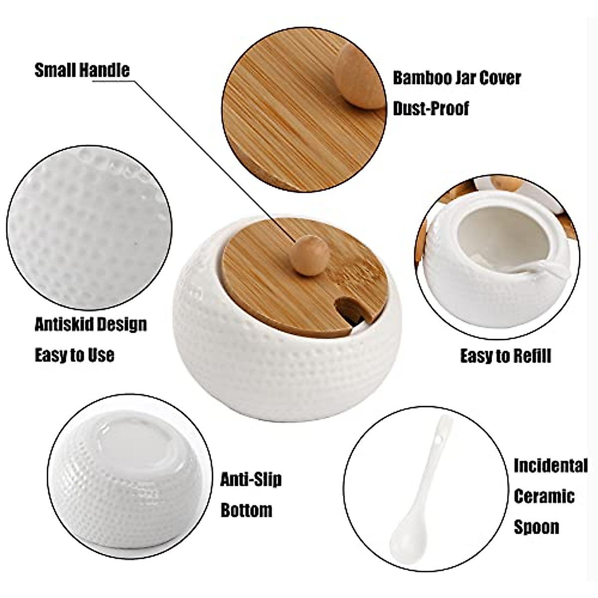 Yesland 6 Pcs Porcelain Condiment Jar Spice Container with Lid - 5.8 Oz Sugar Bowl Set with Spoons and Tiered Bamboo Display Rack - Pottery Cruet Pot for Sugar Serving Salt Coffee Tea, Label Included