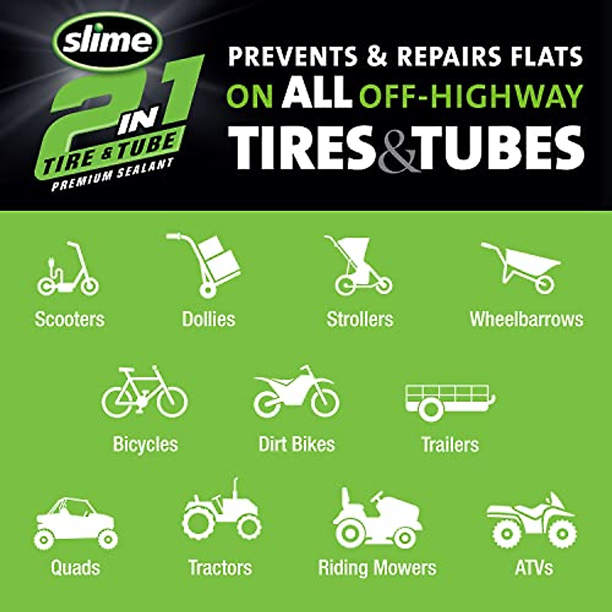 Slime 10194 Tire and Tube Sealant, Puncture Repair, 2-in-1, Prevent and Repair Flat Tires, for ATVs, UTVs, Lawn Mowers, Tractors, Trailers, Eco-Friendly, 32oz bottle