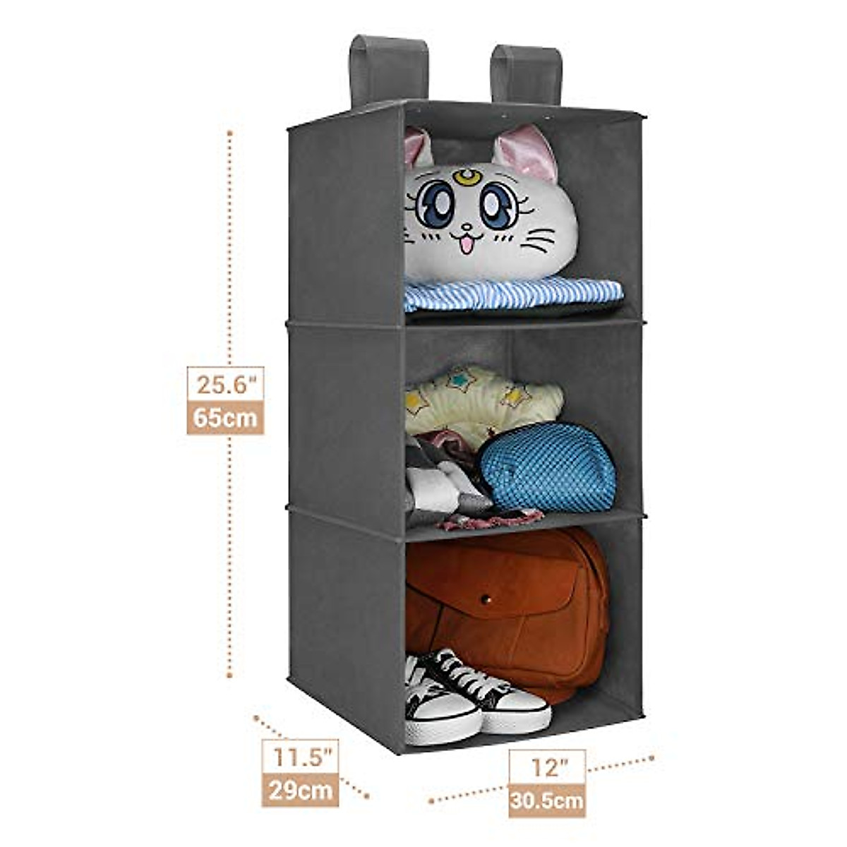 MaidMAX 3 Tiers Cloth Hanging Shelf for Closet Organizer with 2 Widen Straps, Foldable, Gray