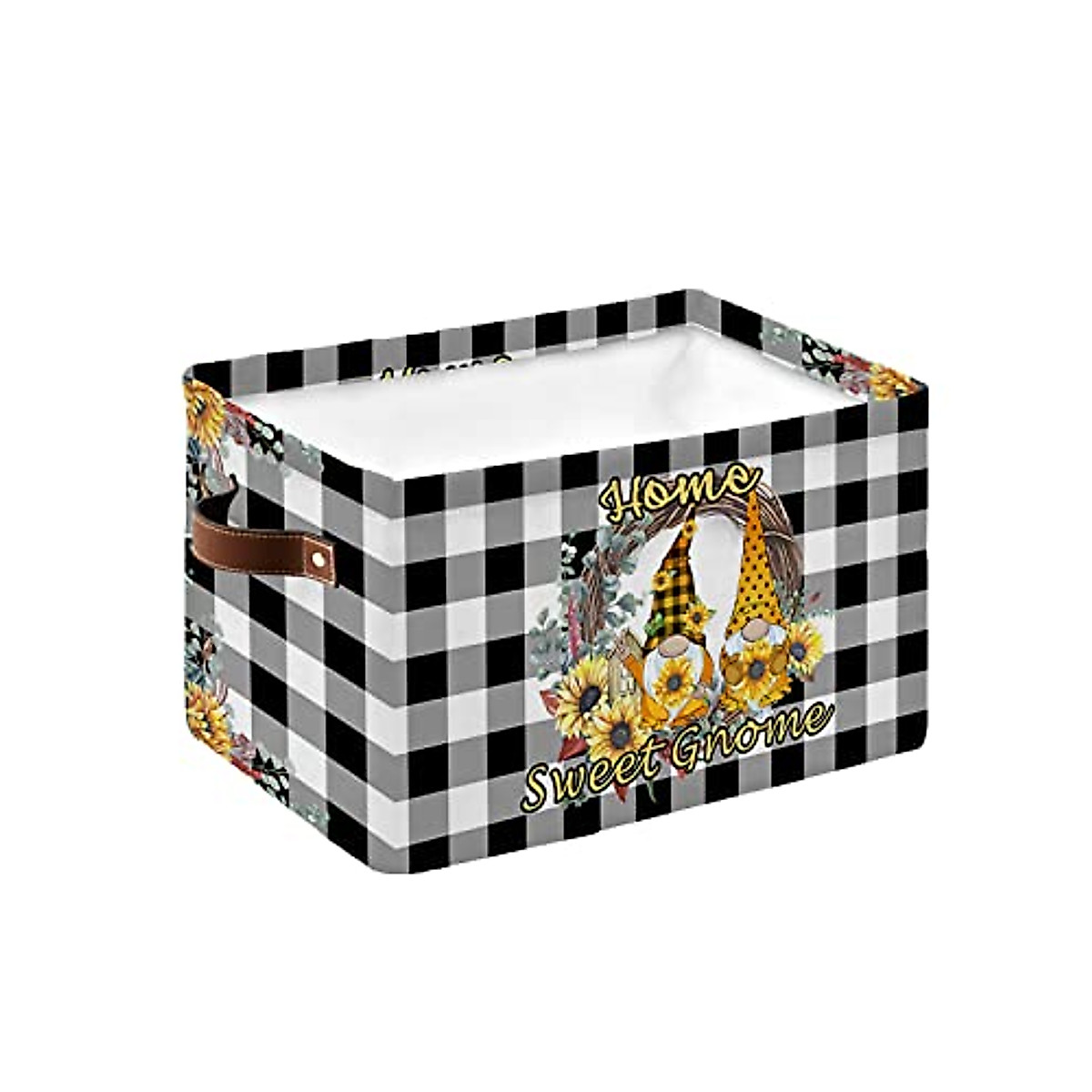 Retro Buffalo Black White Check Sweet Farm Home Gnomes Couple Polka Dot Sunflower Cube Storage Organizer Bins with Handles,15x11x9.5 Inch Collapsible Canvas Cloth Fabric Storage Basket Books Boxes