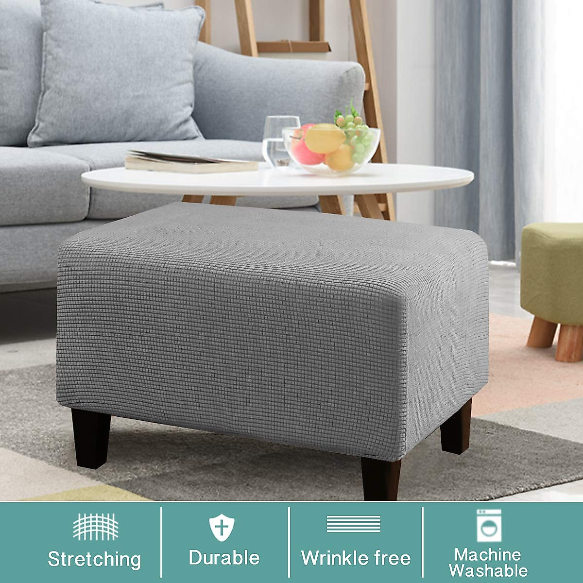 Turquoize Stretch Ottoman Cover Ottoman Slipcover Sofa Cover Footstool Protector Storage Ottoman Covers Furniture Protector Soft Rectangle slipcover with Elastic Bottom (X-Large, Dove)