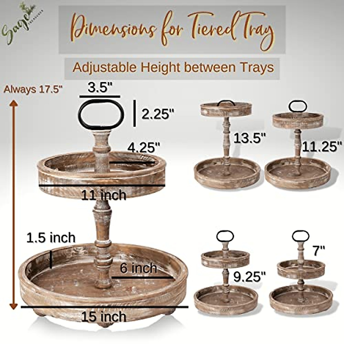 Two Tiered Tray Stand - Large 15 Inch Round Premium Farmhouse Tiered Tray with Unique Adjustable Tier Height and Stability Design - Rustic Wooden Tiered Tray - Distressed 2 Tier Tray for Decor