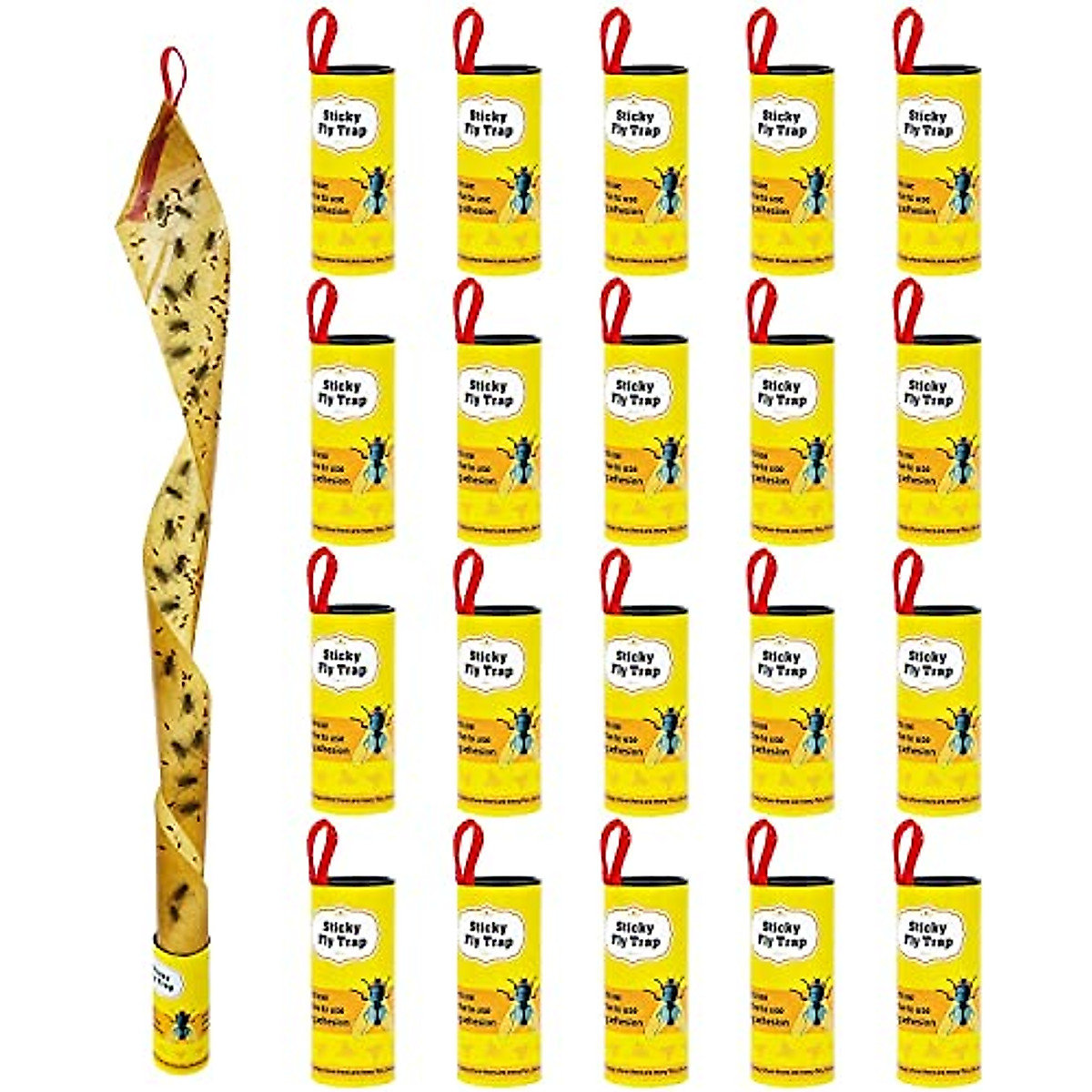 Dwcom 20 Packs Fly Tape, Fly Strips, Fly Paper Strips Roll Ribbon, Sticky Fruit Fly Traps Hanging Catcher Gnat Fungus Trap Killer for Indoors Outdoors