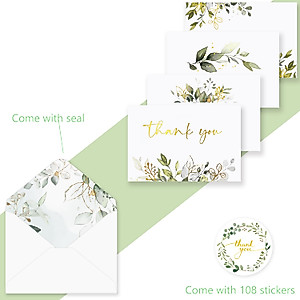 VEEYOL 100 Gold Foil Greenery Thank You Cards with Envelopes, Watercolor Foliage Thank You Notes For Wedding, Baby Shower, Graduation, Bridal, Business, Anniversary