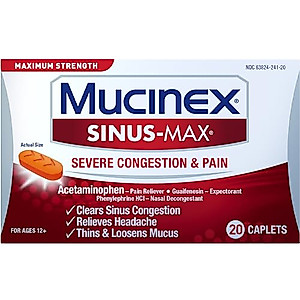 Mucinex Sinus Max Severe Congestion & Pain Relief, Maximum Strength Nasal & Sinus Relief, Decongestant for Adults, Acetaminophen Pain Reliever, Guaifenesin Expectorant and Mucus Removal, 20 Caplets