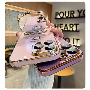 Fancy Kitty Phone Case for Iphone14 Pro Max, 6D Plating MIUMIU with Kickstand Designer Makeup Mirror case, Luxury Girly for Woman Full Camera Coverage,Glossy, Hands-Free (Purple)