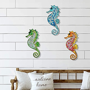 Maansfy Seahorse Wall Decor Mosaic Glass Art Metal Sculpture Hanging Decorations Set of 3 for Home Garden Bedroom Patio