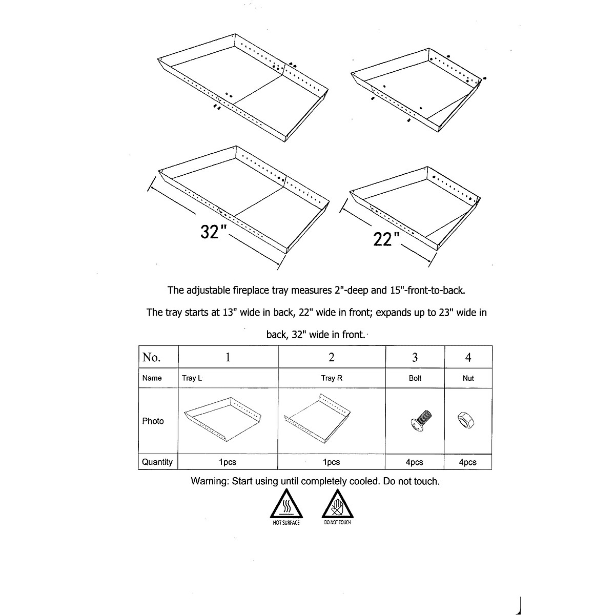 Rundetian Expandable Fireplace Tray, Galvanized Steel Adjustable Ember Holder Fireplace Pan for Collecting Ash, Silver Color(Fireplace Log Grate Not Included) FT2232