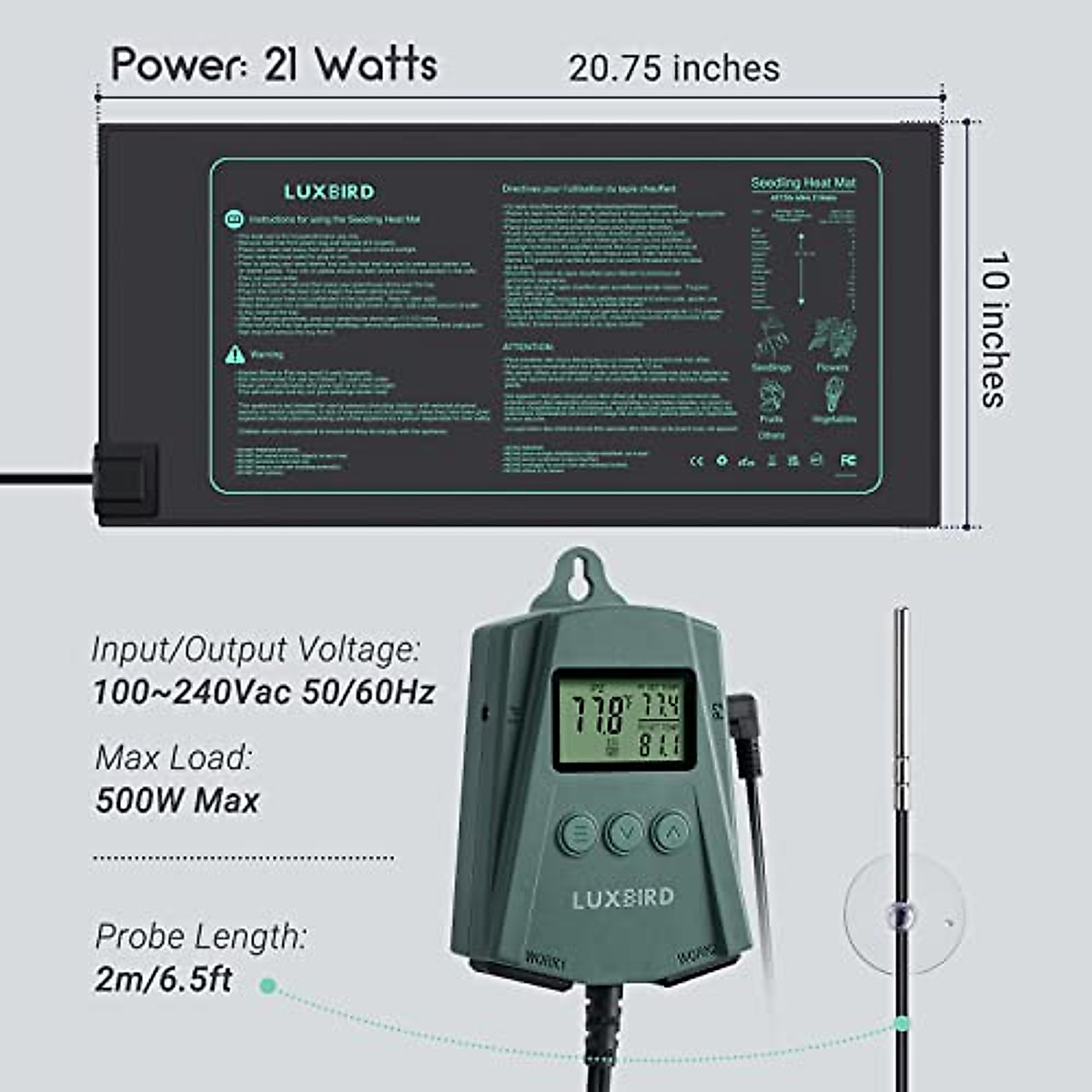 LUXBIRD 2 Pack 10"x 20.75" Seedling Heat Mat and Digital Thermostat Controller Combo Set