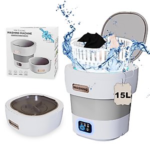 Portable Mini Washing Machine, 15L Collapsible Washer Machine, Foldable Underwear Washing Machine with Spin, Small Portable Washer and Dryer Combo for Apartments, Camping, Travel. (Grey)