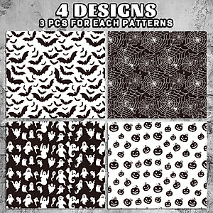 Whaline 12 Sheet Halloween Wrapping Paper Black White Pumpkin Ghost Spider Web Pattern Folded Flat Gift Wrap Paper 4 Design Art Paper for Halloween Party DIY Craft Gift Packing, 19.7 x 27.6 Inch