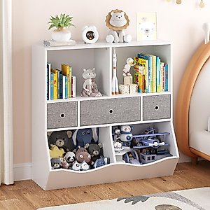 Amyove Kids Toy Storage Organizer, Kids Bookshelf with 2 Bookshelfs, 3 Removement Drawers and 2 Cubbies, Toy Organizers and Storage for Living Room, Kids Bedroom, Nursery, Playroom, White